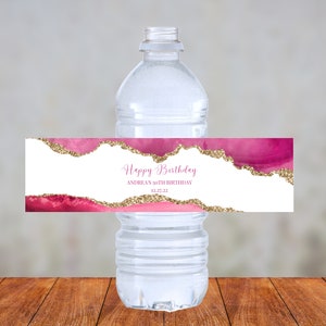 Editable Pink and White Water Bottle Label Template, Pink and Gold ...