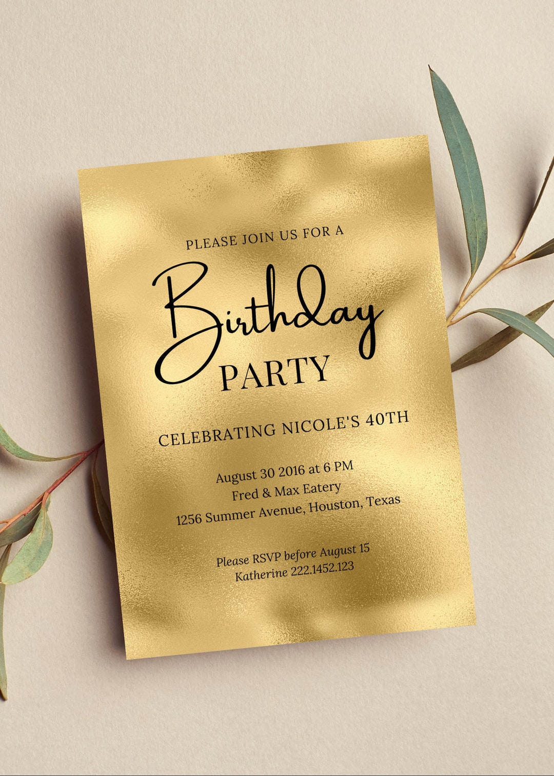 Gold Birthday Invitation, Editable, Black and Gold Invite, Minimalist ...