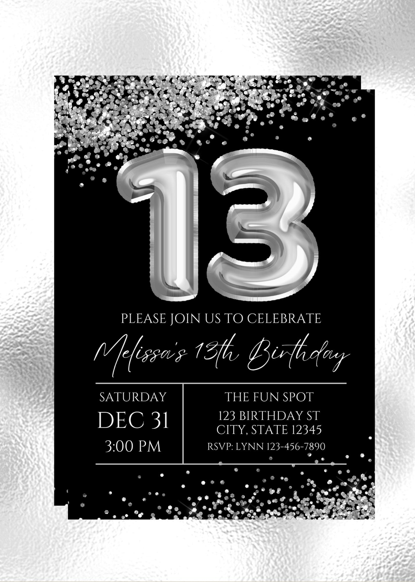 Editable 13th Birthday Invitation, Silver and Black Invitation, Silver ...