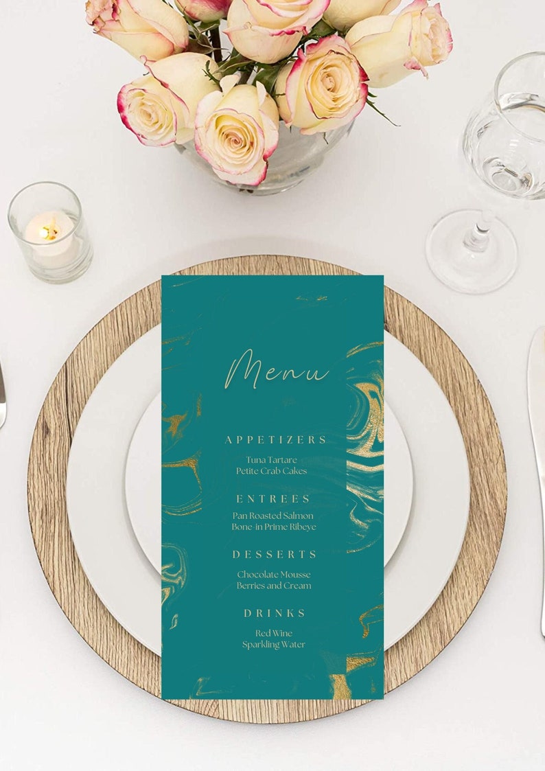 Editable Teal and Gold Menu Card Template Marble Design - Etsy