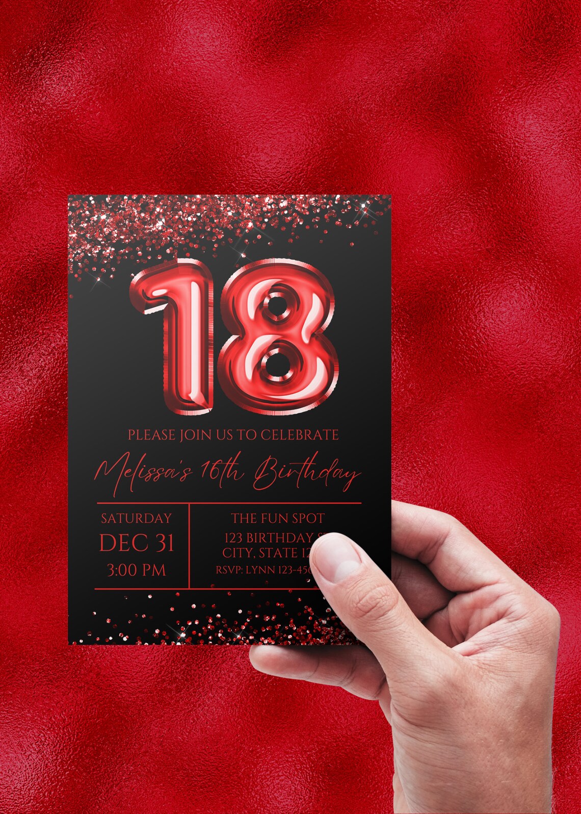 Editable 18th Birthday Invitation, Red and Black Invitation, Red 18 ...