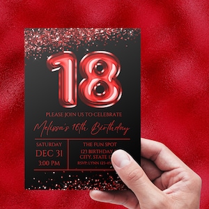Editable 18th Birthday Invitation, Red and Black Invitation, Red 18 ...