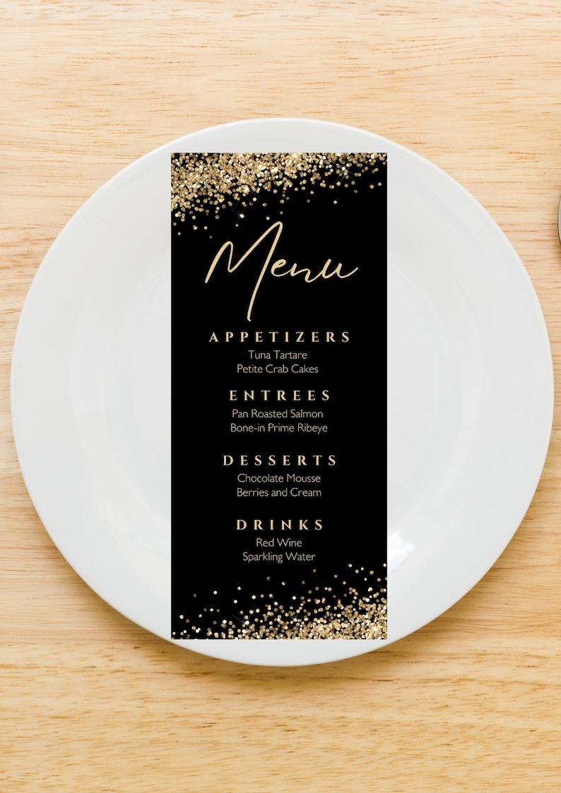 Editable Menu Card Template, Gold and Black, Glitter, Dinner Menu Card ...
