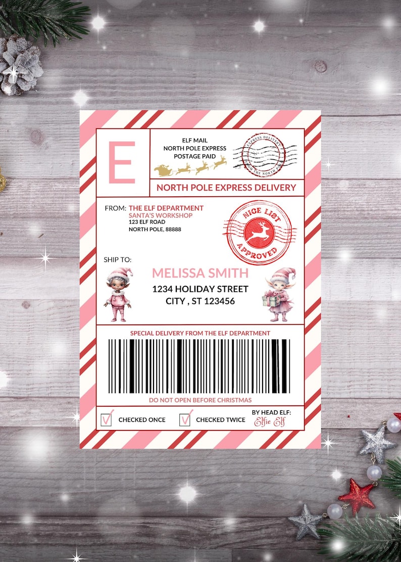 Printable Pink North Pole Express Delivery Label, Elf Shipping Mail ...