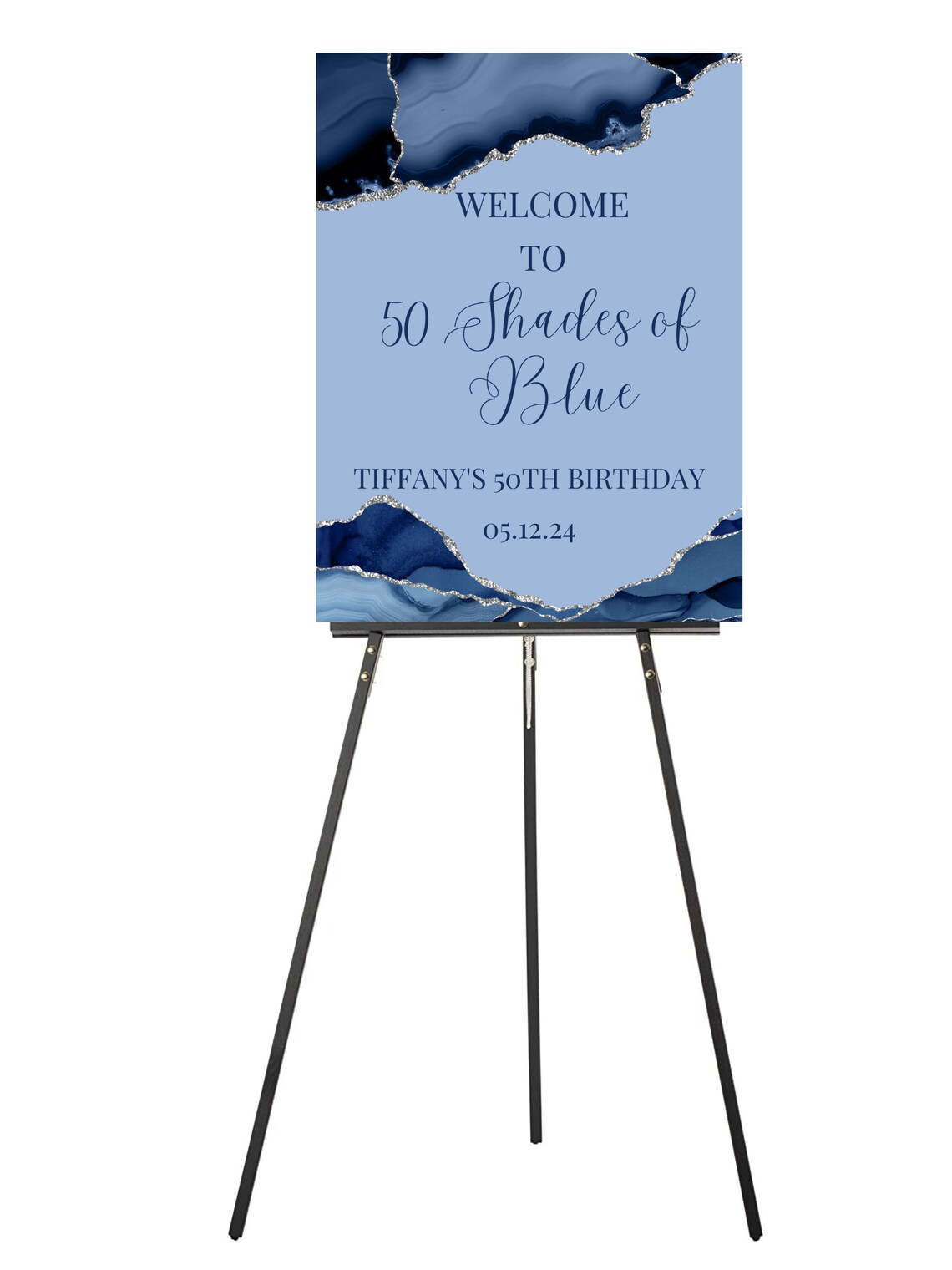 Editable Shades of Blue Birthday Welcome Sign, Blue Agate Birthday ...