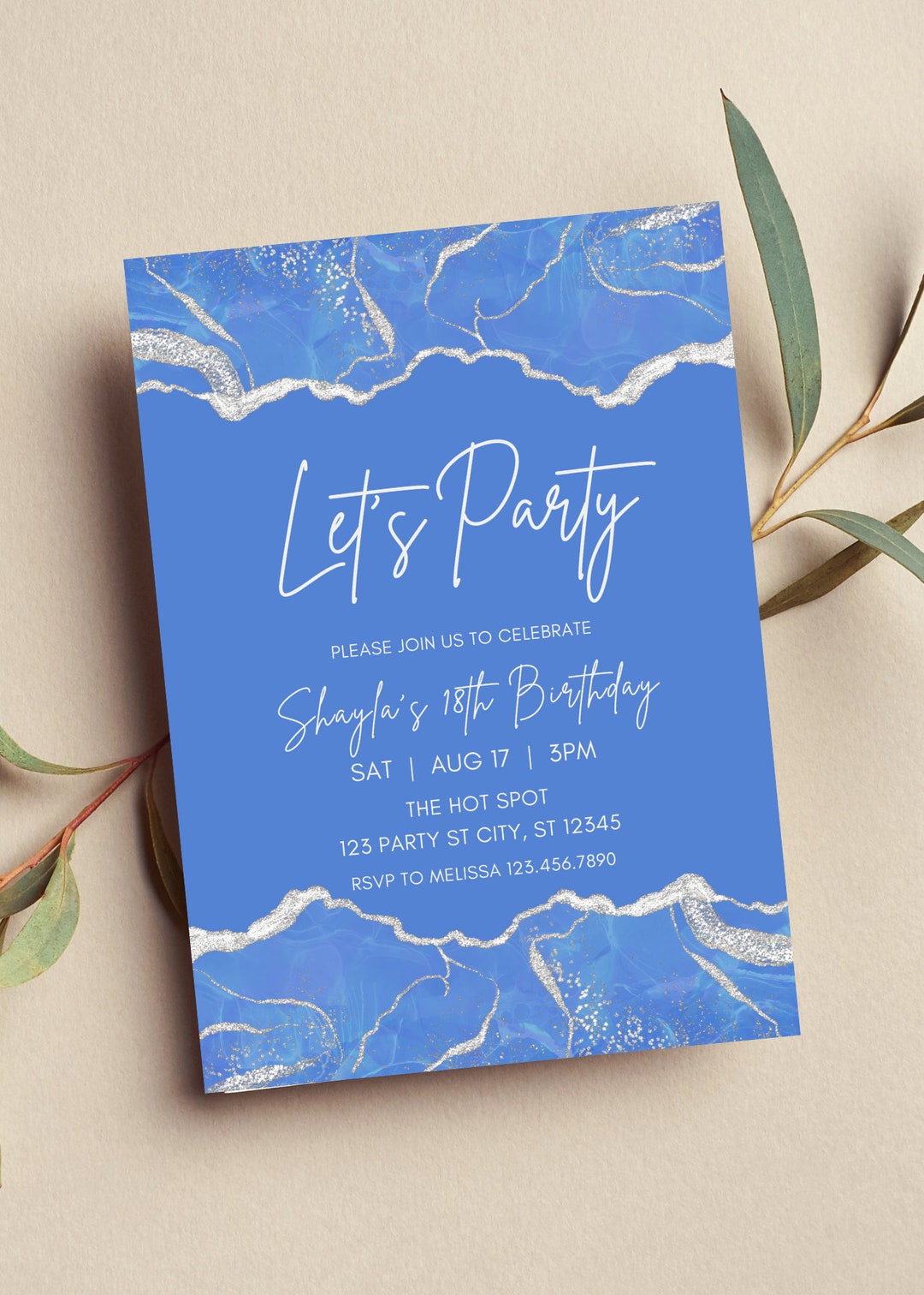 Editable Let's Party Invitation, Blue and Silver, Baby Blue, Any ...