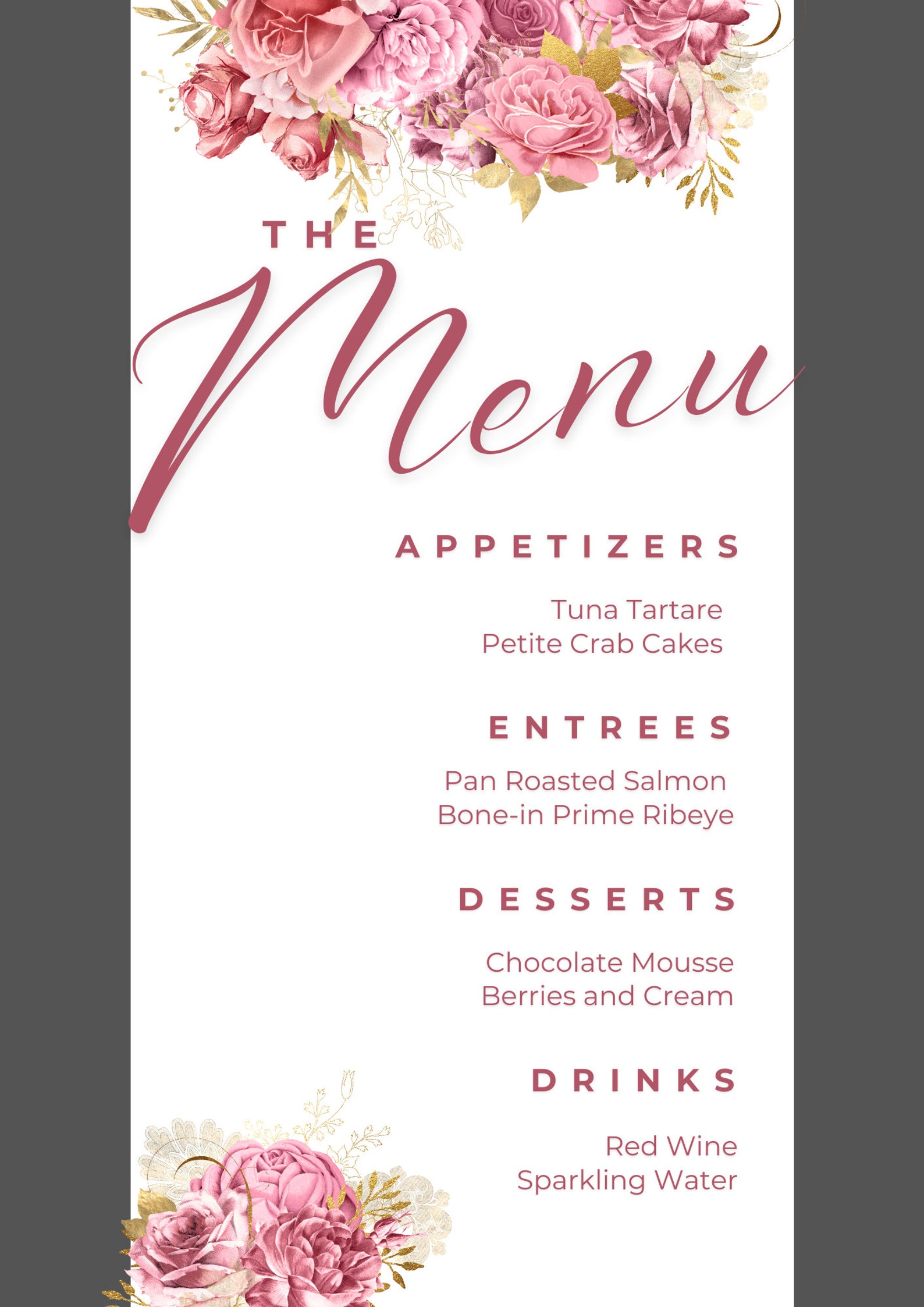 Editable Menu Card Template Pink and Gold Menu Card Floral - Etsy