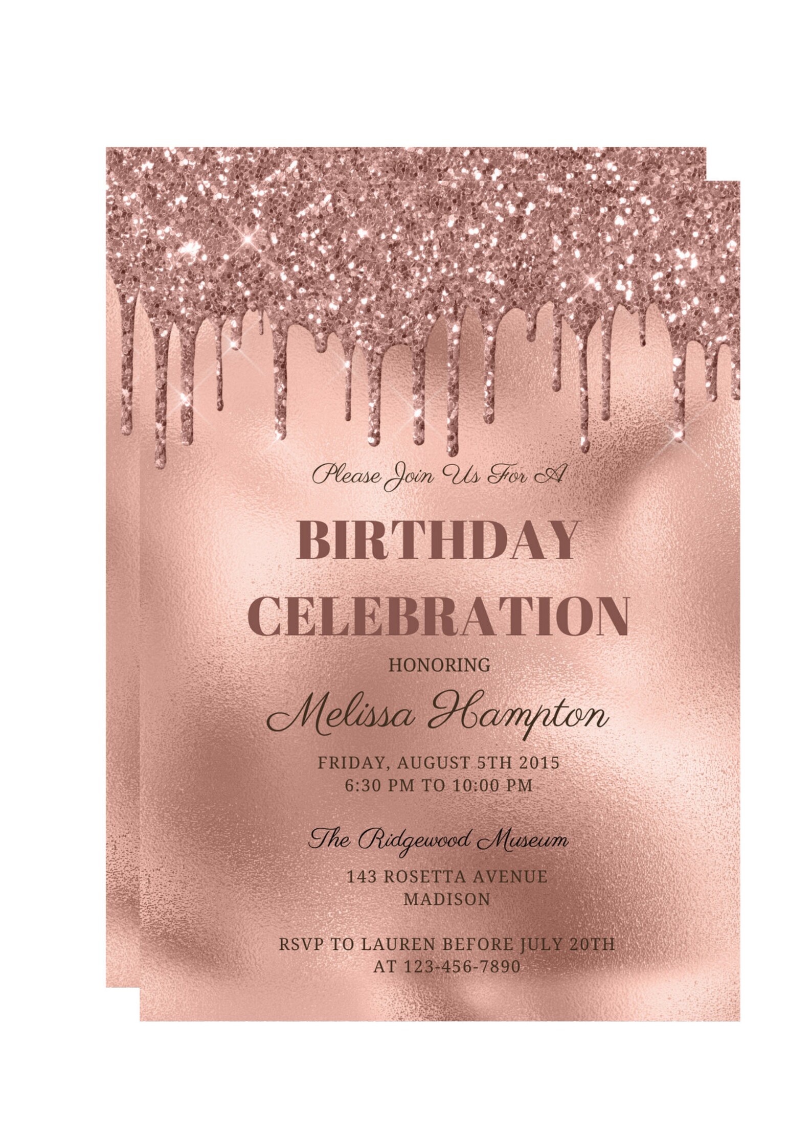 Editable Rose Gold Birthday Invitation, Rose Gold Glitter Drip ...