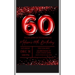 Editable 60th Birthday Invitation, Red and Black Invitation, Red 60 ...