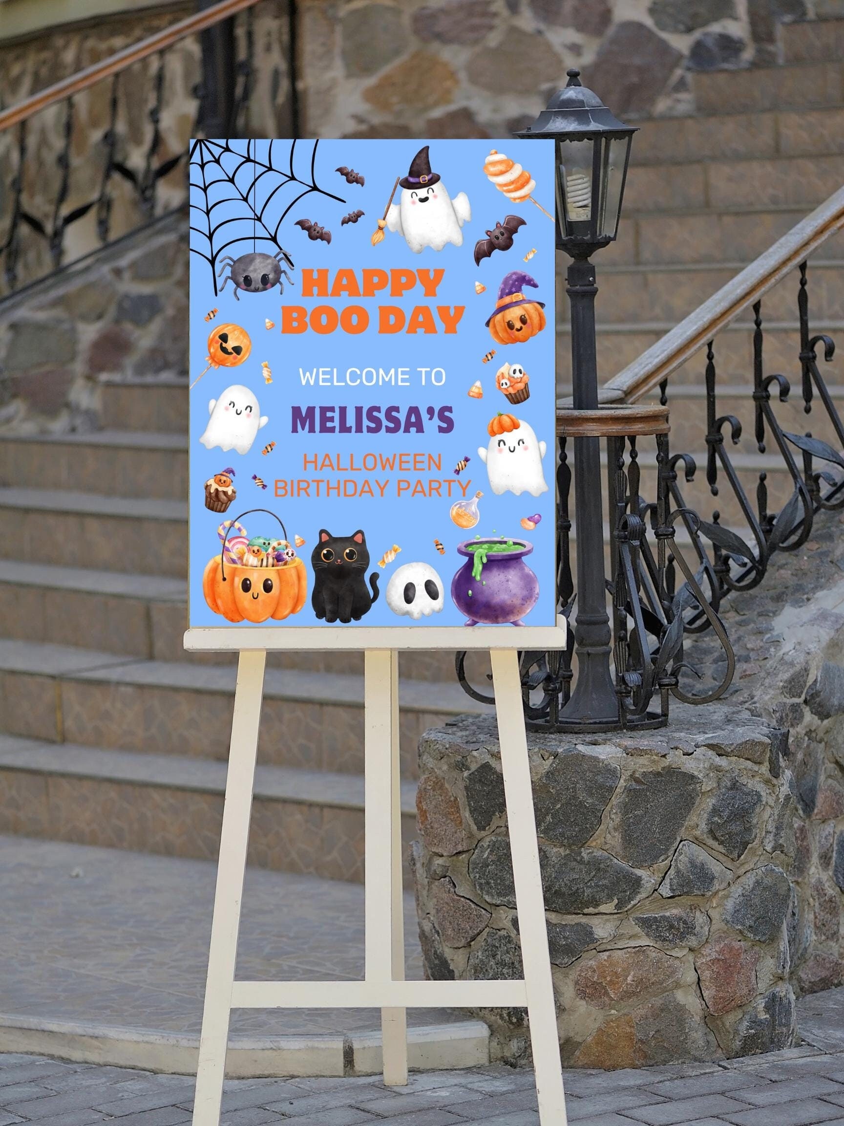 Editable Happy Boo Day Welcome Sign, Blue Halloween Welcome Sign ...