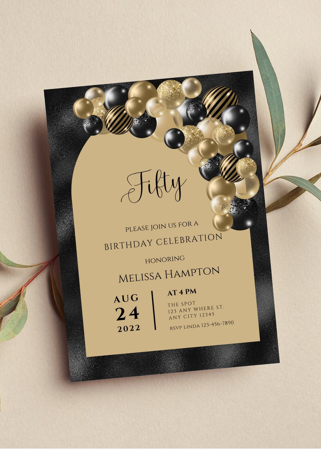 Editable Black and Gold Birthday Invitation, Black and Gold Balloon ...