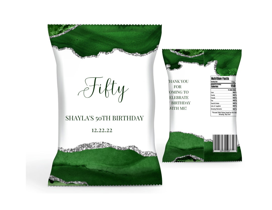 Editable Birthday Chip Bag, Green, White and Silver Chip Bag, Party ...