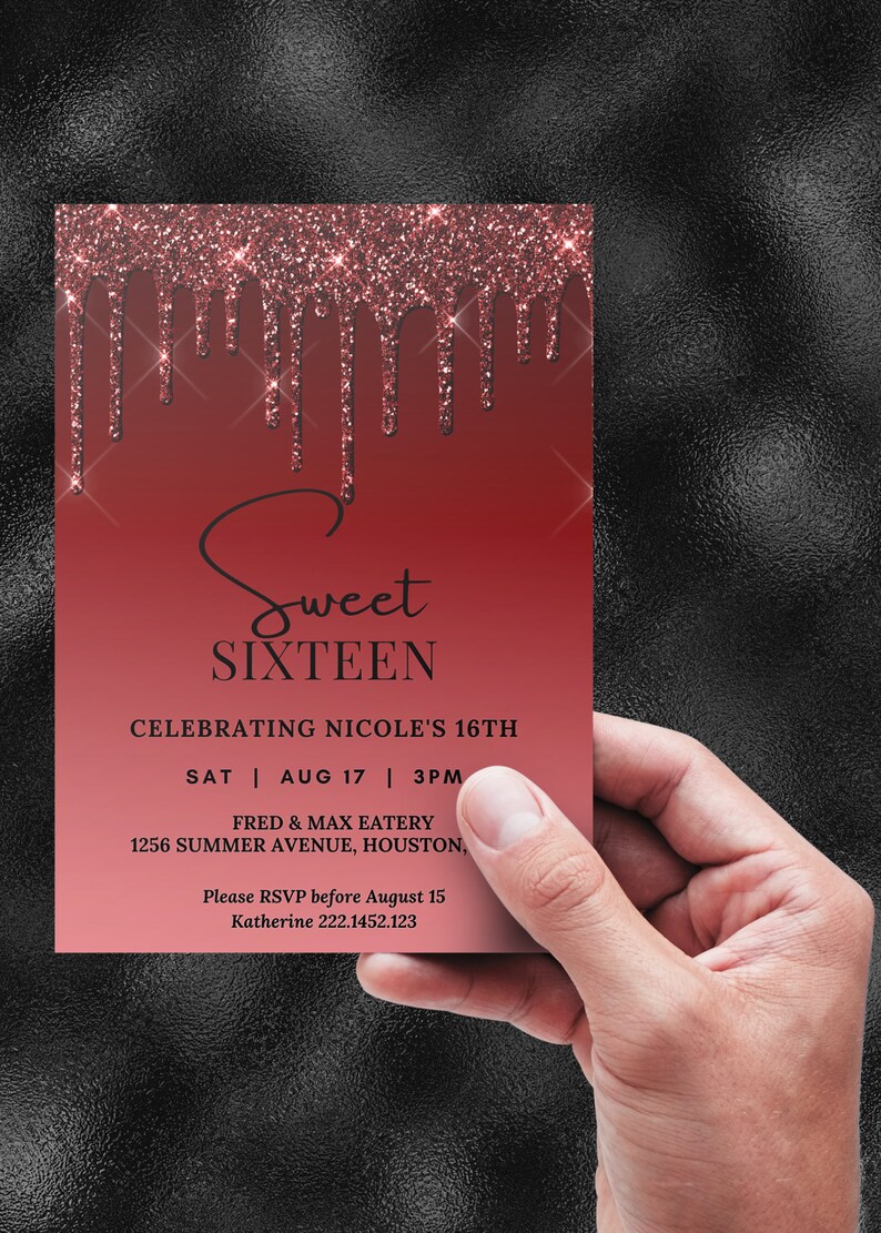 Editable Sweet 16 Birthday Invitation, Red and Black, Red Dripping ...