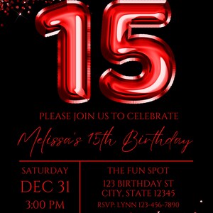 Editable 15th Birthday Invitation, Red and Black Invitation, Red 15 ...