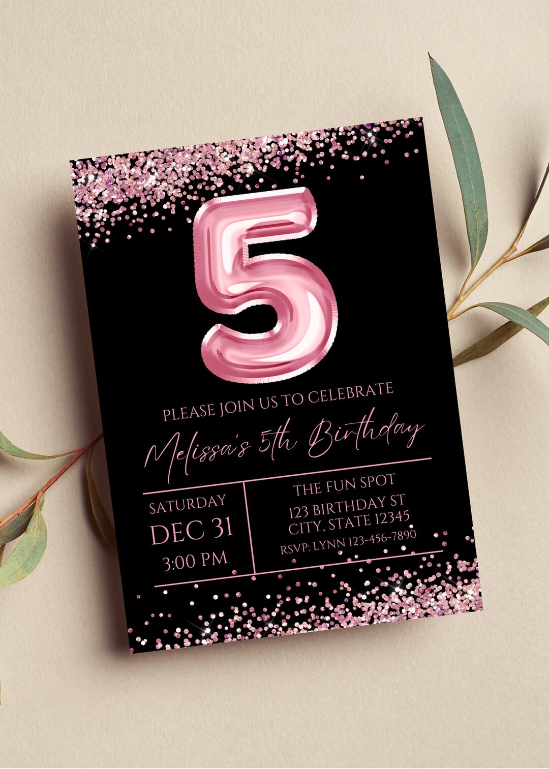 Editable 5th Birthday Invitation, Pink and Black Invitation, Pink 5 ...