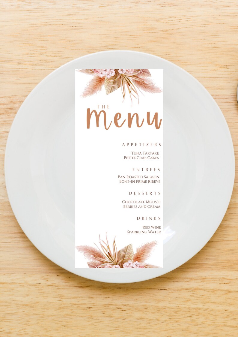 Editable Menu Card Template, Boho Menu Cards, Pampas Grass, Birthday ...