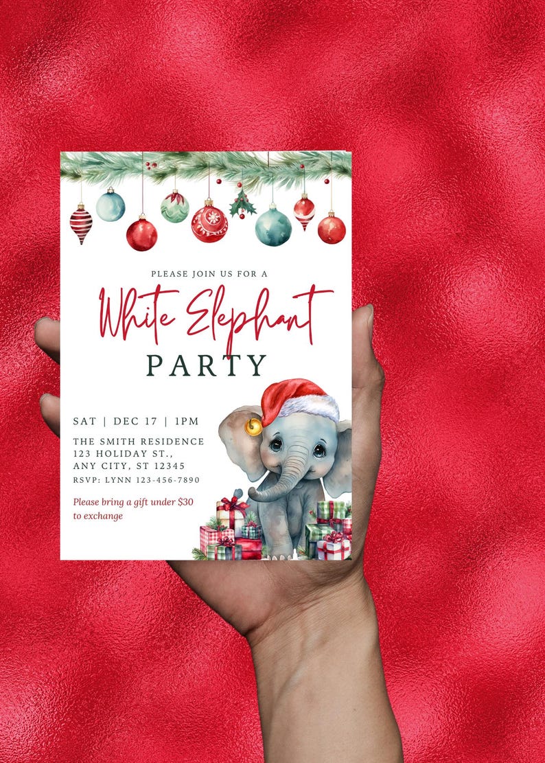 Editable White Elephant Christmas Party Invitation, Gift Exchange ...