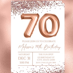 Editable 70th Birthday Invitation, Rose Gold and White Invitation, Rose ...
