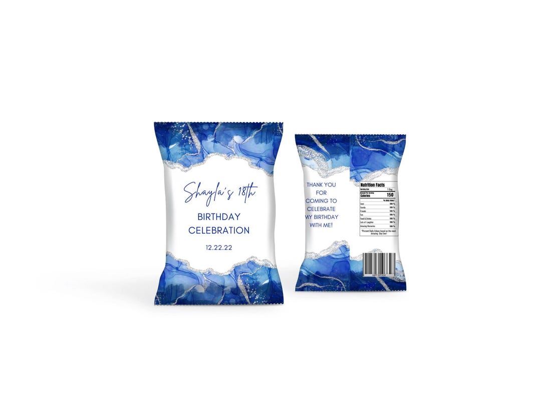 Royal Blue & Silver Chip Bag Template Editable Party Favor Digital ...