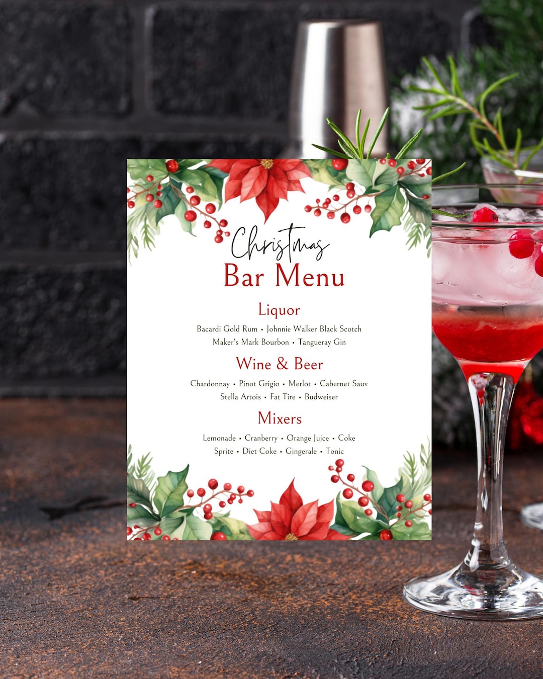 Editable Christmas Bar Menu Card Holiday Cocktail Printable - Etsy