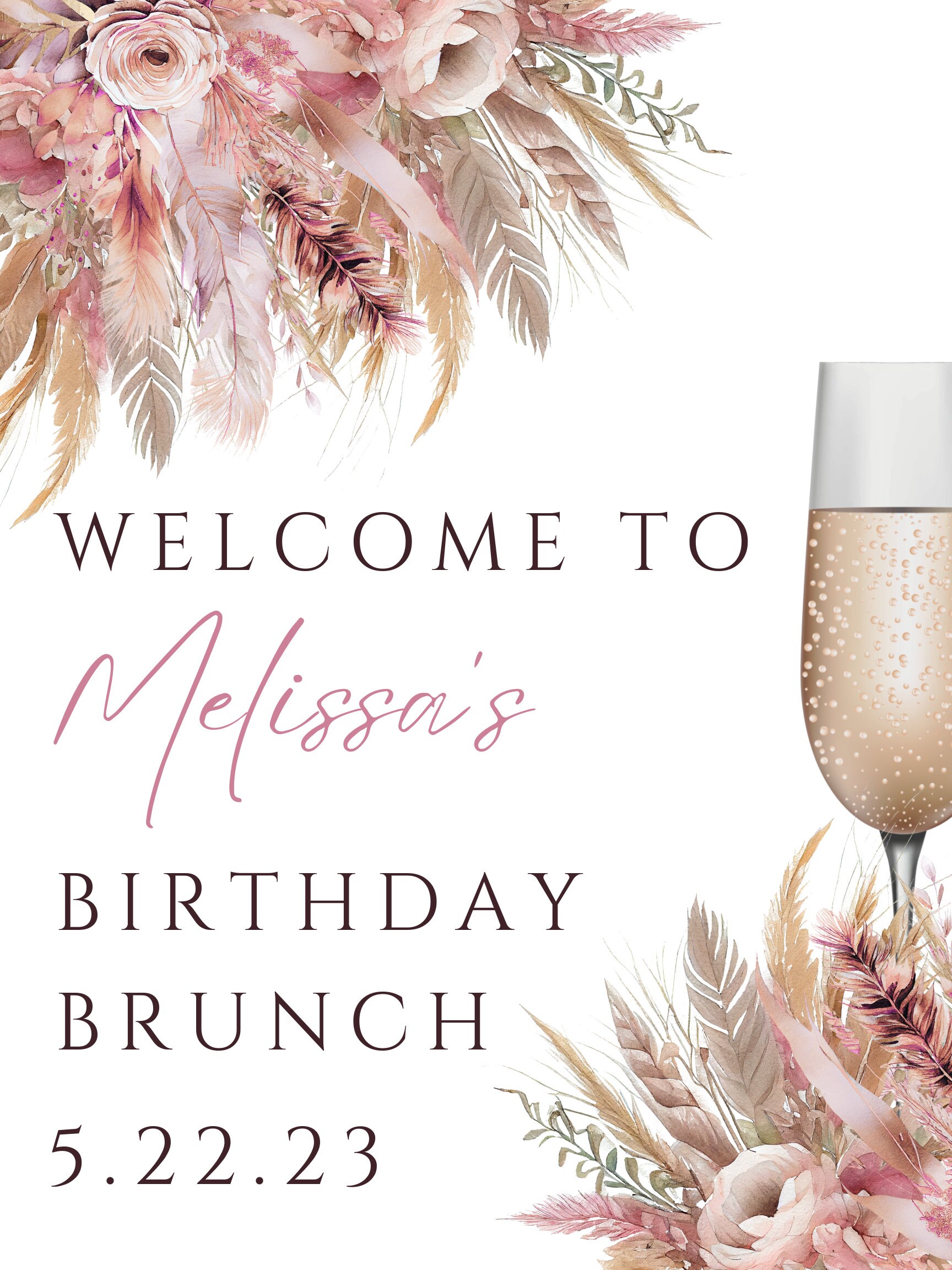Editable Pink Boho Brunch Welcome Sign, Pampas, Boho Floral, Bridal ...