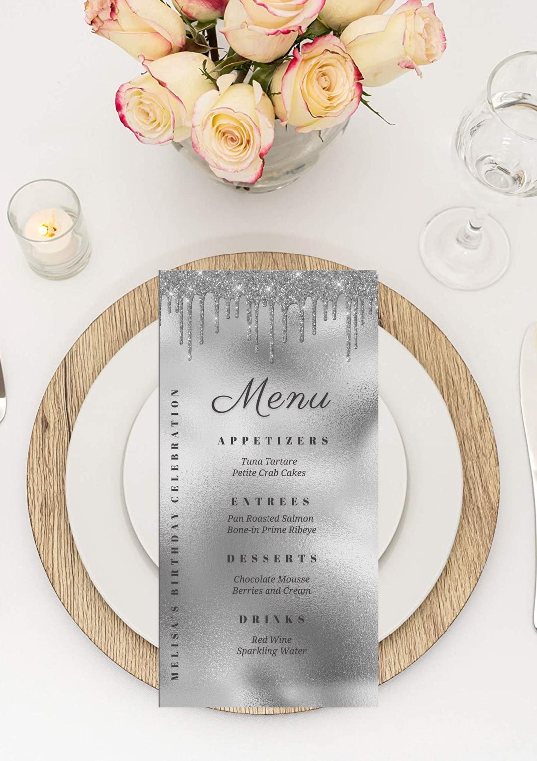 Editable Silver Menu Card Template, Silver Glitter Drip Menu Cards ...