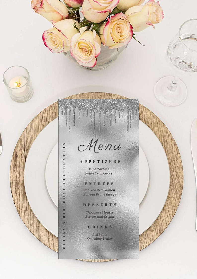 Editable Silver Menu Card Template Silver Glitter Drip Menu - Etsy