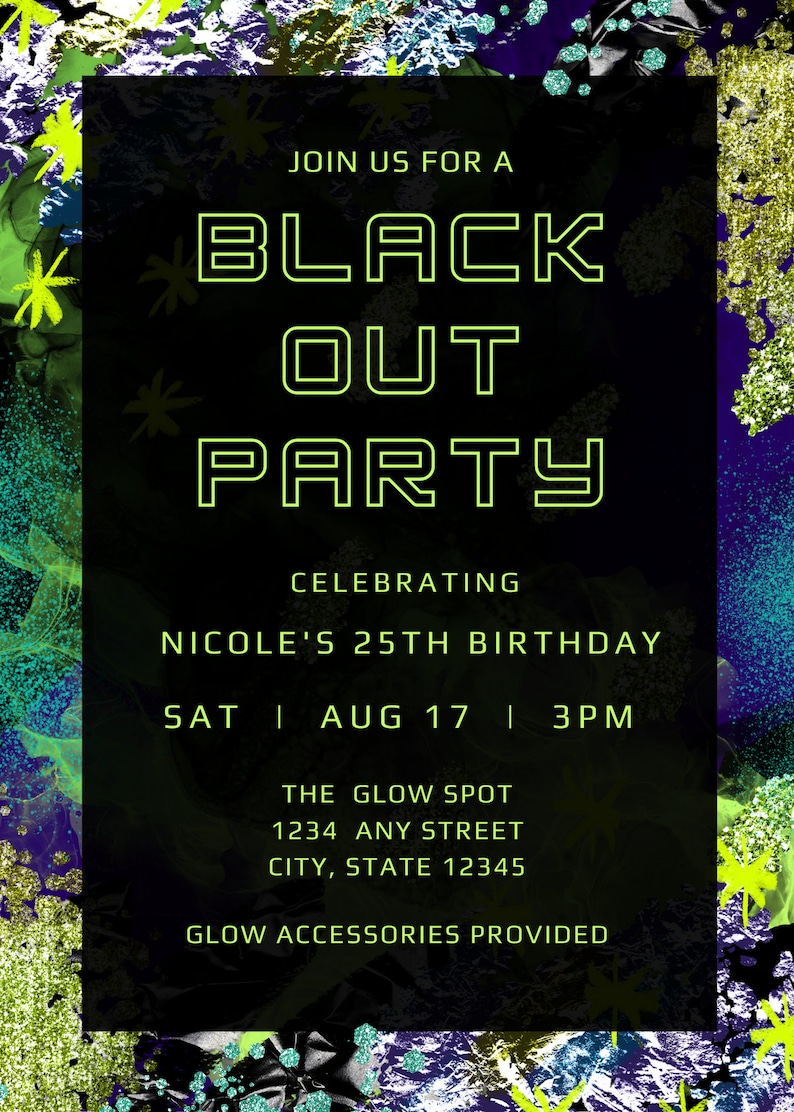 Editable Black Out Party Invitation, Birthday Invitation, Glow Party ...