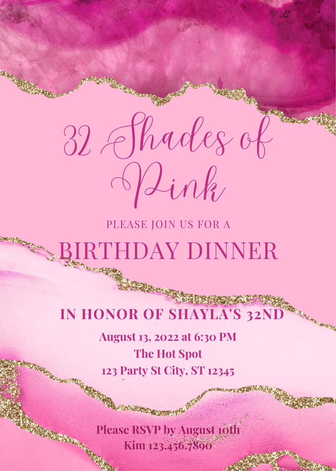 Editable Shades of Pink Invitation Agate Birthday Dinner - Etsy