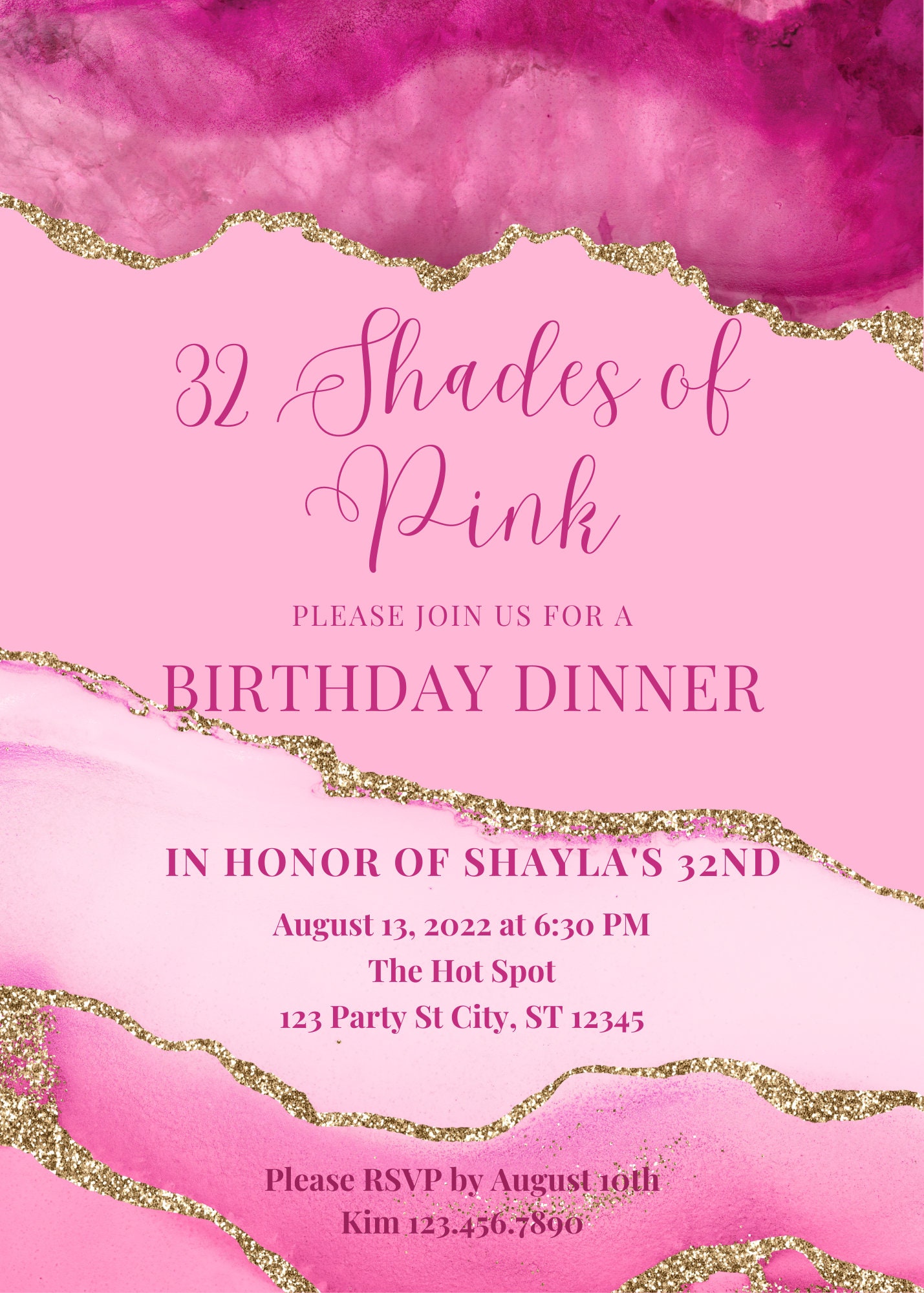 Editable Shades of Pink Invitation Agate Birthday Dinner - Etsy