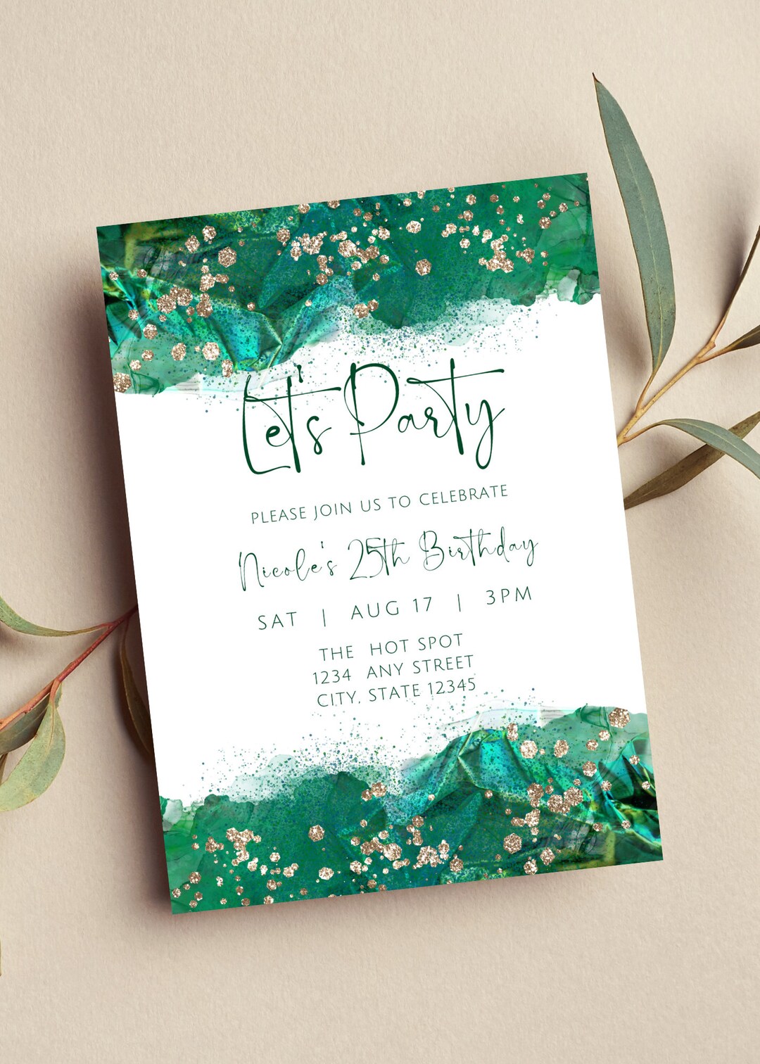 Editable Green and White Invitation, Let's Party Birthday Invite, Glam ...