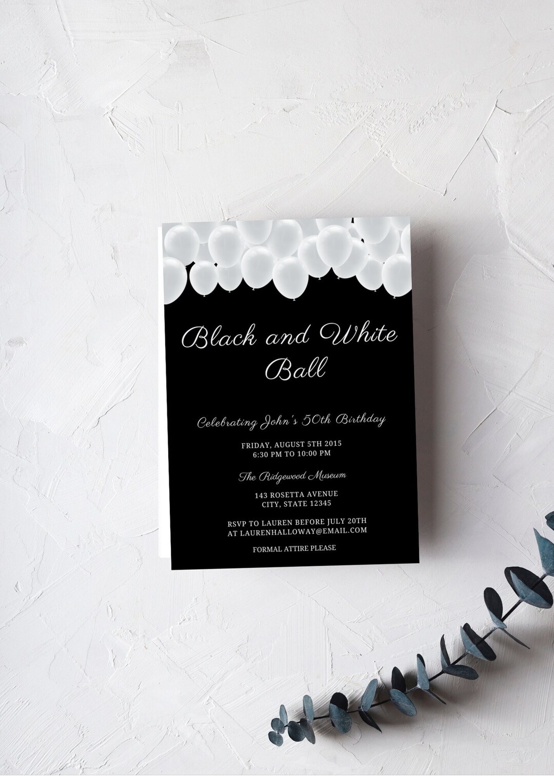 Editable Black and White Ball Invitation, Black and White Balloons ...