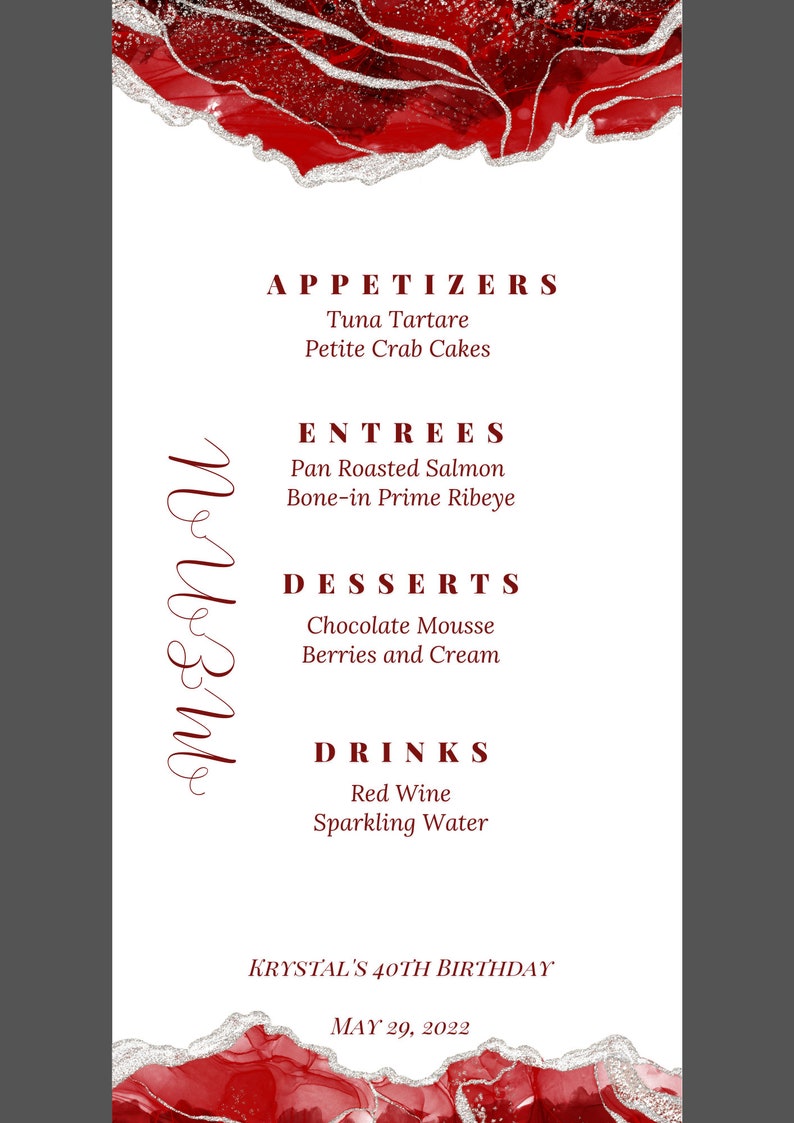Editable Menu Template, Red and White Menu Cards, Birthday Dinner Menu ...
