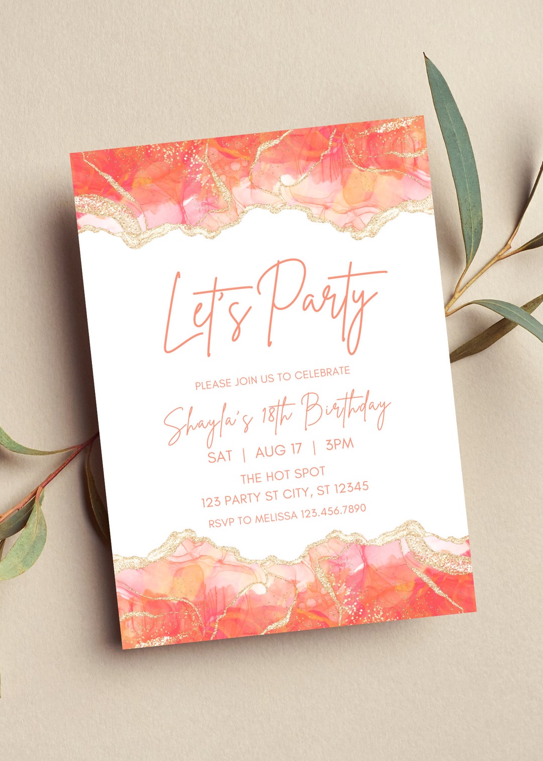 Editable Let's Party Invitation, Peach and White, Any Occasion ...