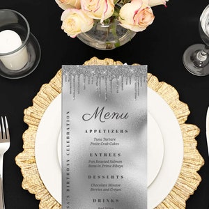 Editable Silver Menu Card Template, Silver Glitter Drip Menu Cards ...