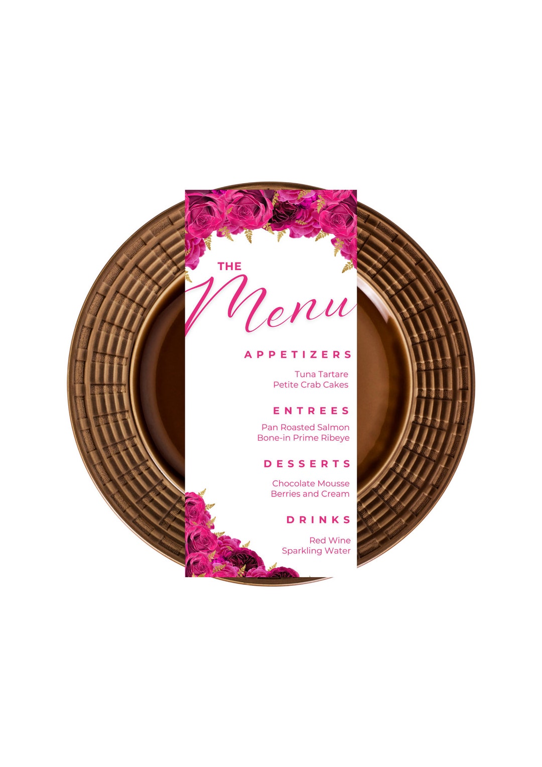 Editable Menu Card Template, Hot Pink, White and Gold Menu Cards ...