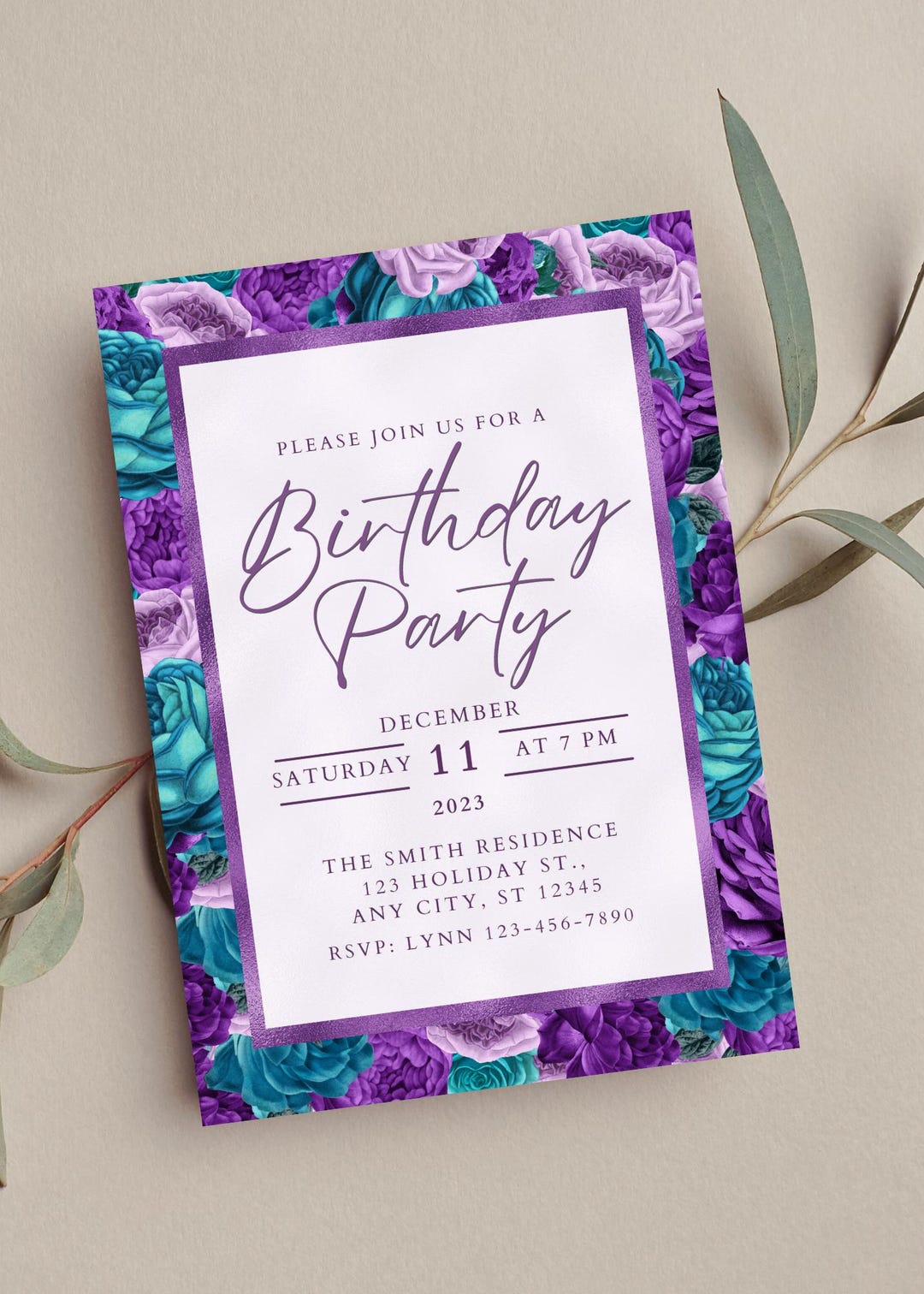 Editable Teal and Purple Floral Birthday Party Invitation, Printable or ...