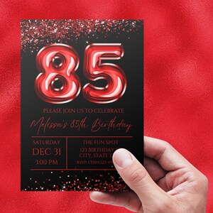 Editable 85th Birthday Invitation, Red and Black Invitation, Red 85 ...
