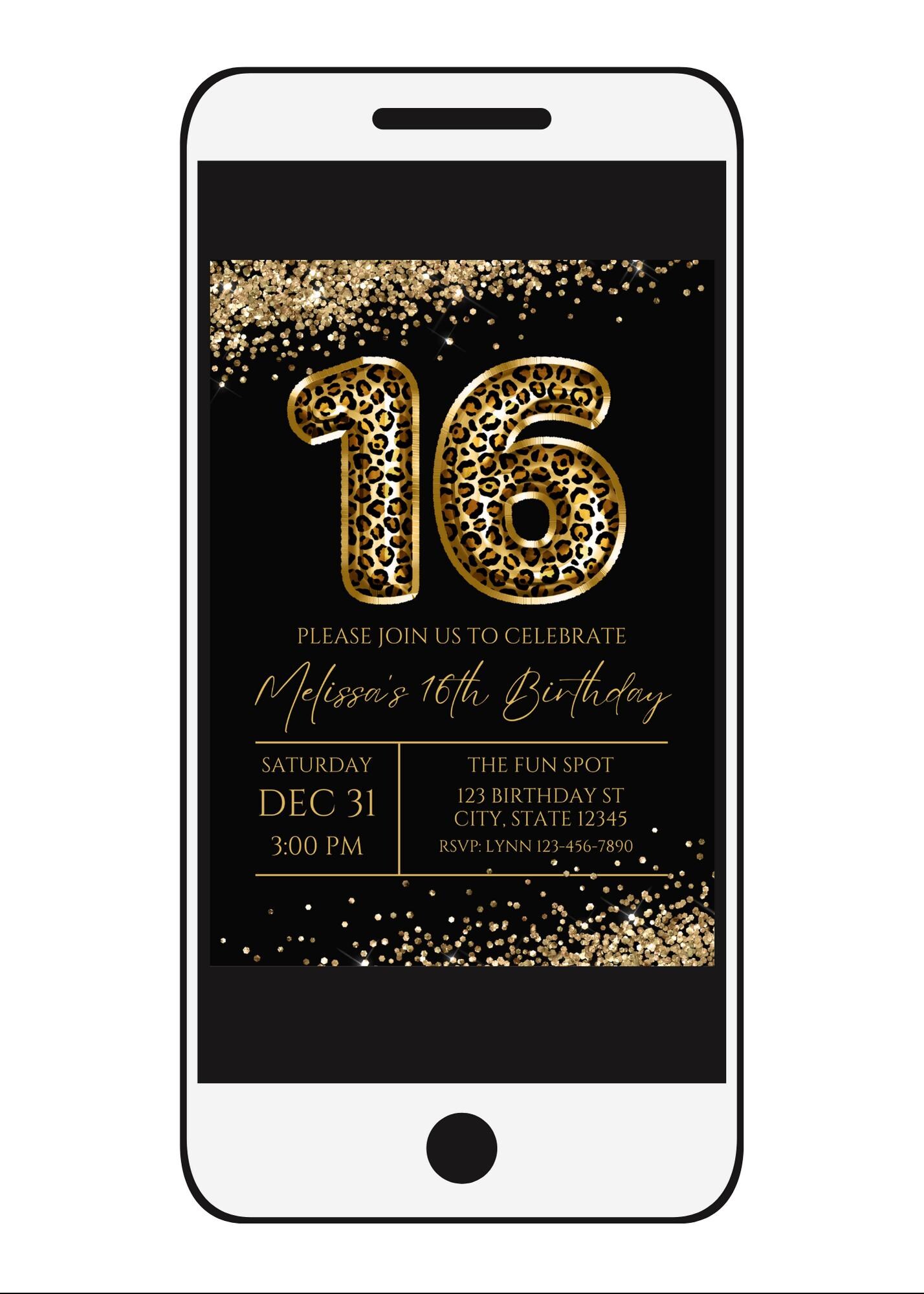 Editable 16th Birthday Invitation, Leopard Print, Black and Gold ...