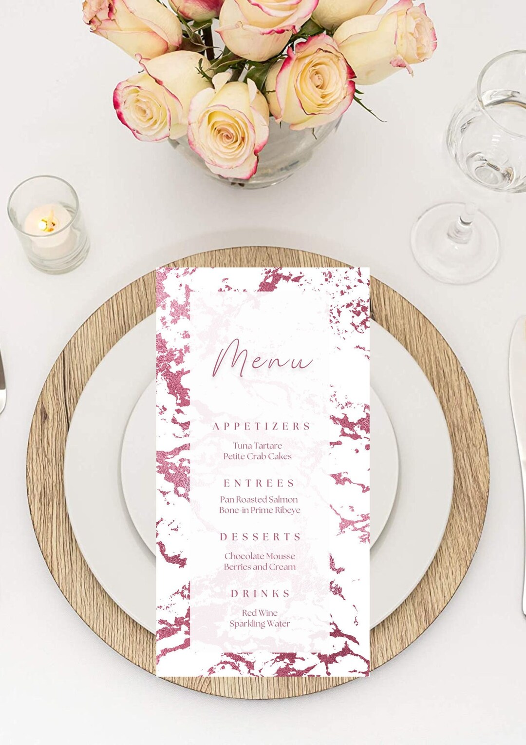 Editable Pink and White Menu Card Template, Marble Design, Luxury, Menu ...