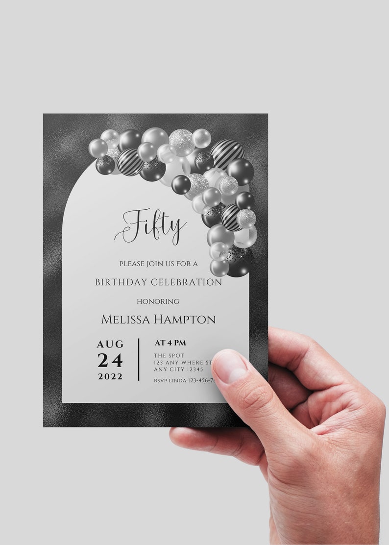 Editable Black and Silver Birthday Invitation Black and - Etsy