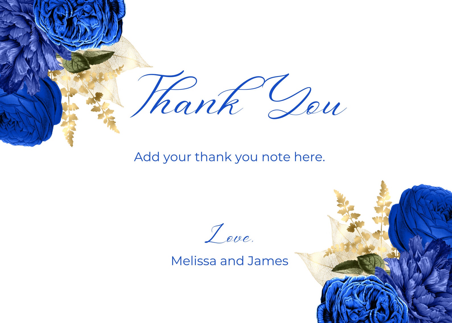 Printable Thank You Card Editable Royal Blue and Gold Floral - Etsy