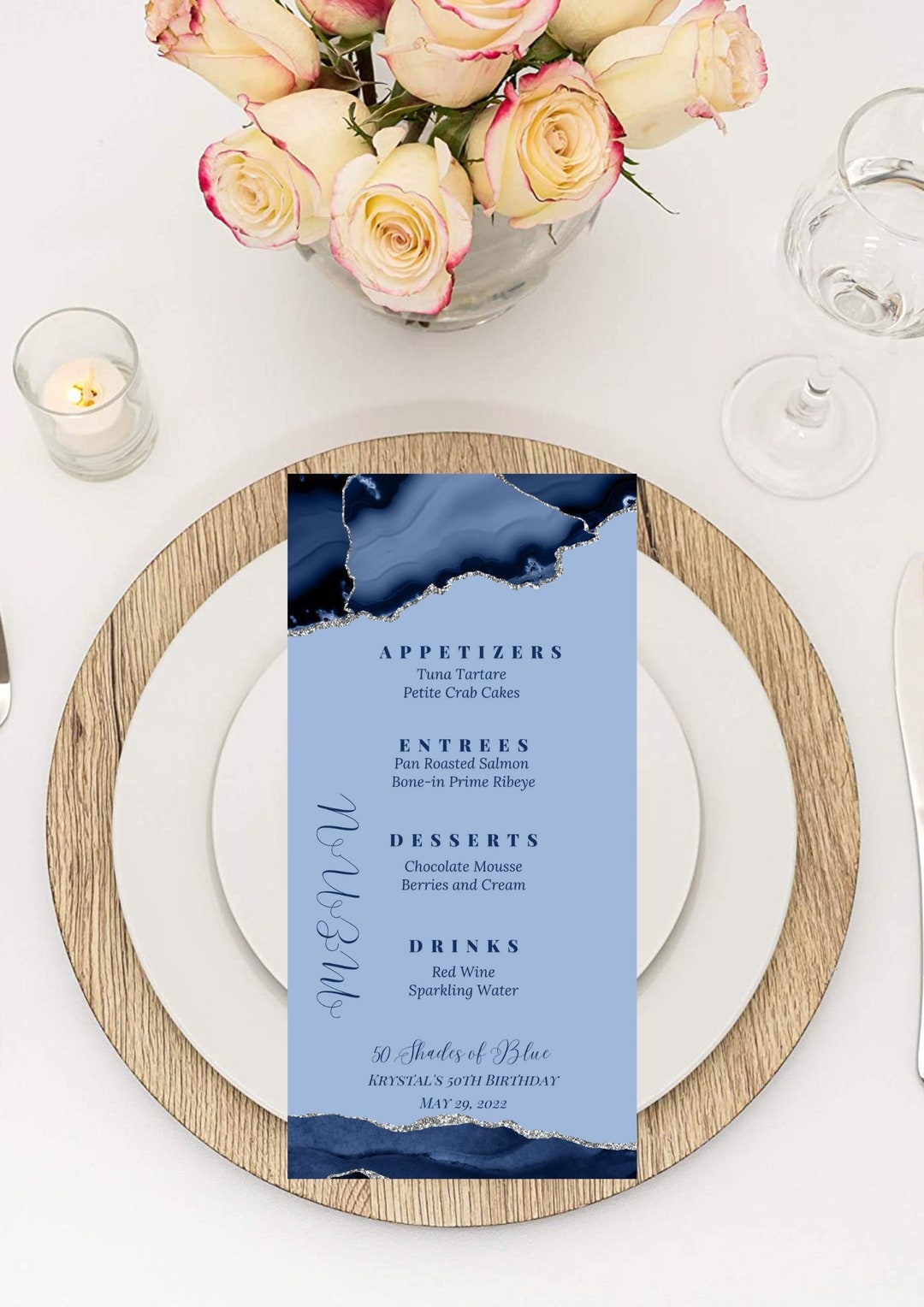 Editable Shades of Blue Menu Cards Template, Blue and Silver Table Menu ...