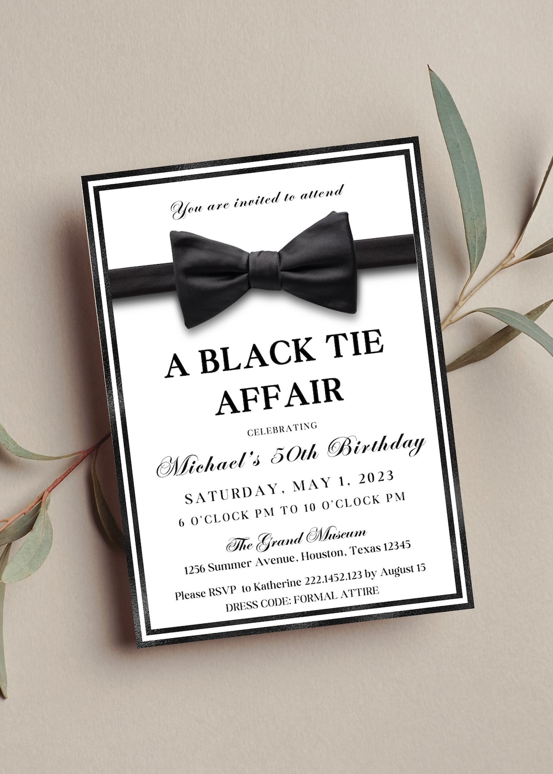 Editable Black Tie Invitation, Birthday, Formal Attire, Printable or ...