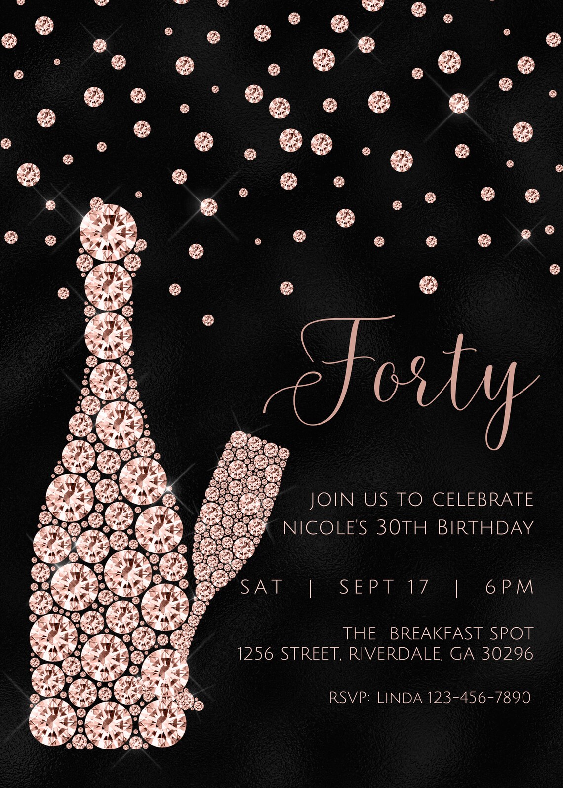 Editable 40th Birthday Invitation, Black and Rose Gold Birthday ...