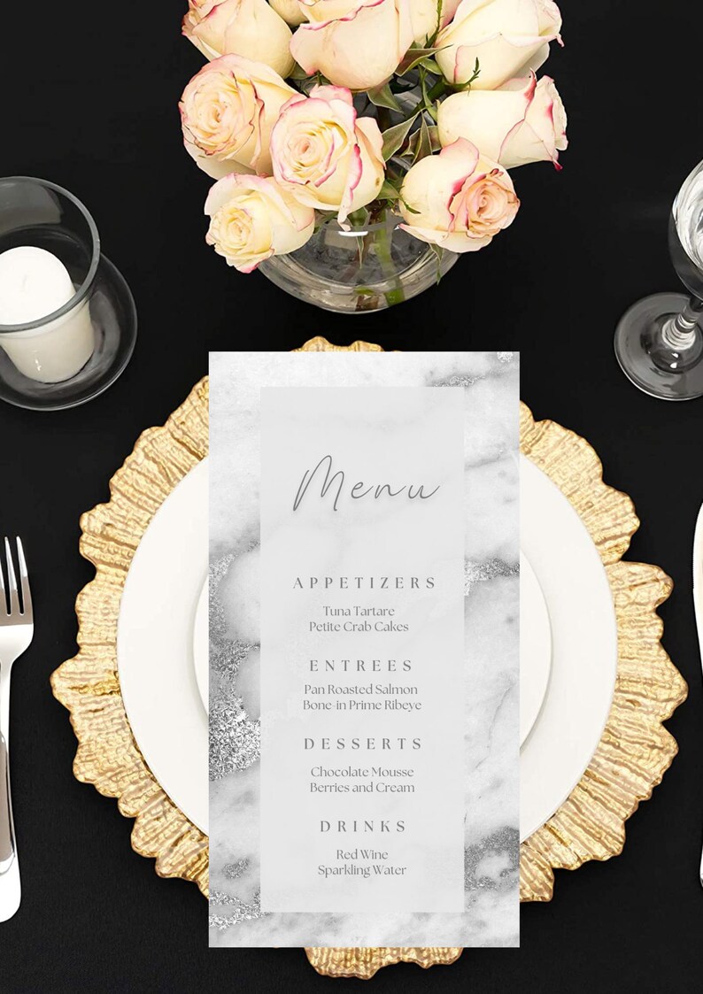 Editable White and Silver Menu Card Template, Marble Design, Luxury ...
