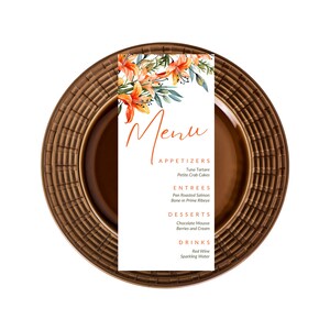 Editable Menu Card Template, Orange Floral Menu Cards, Birthday, Dinner ...