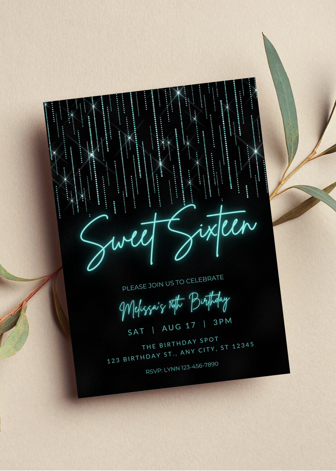 Editable Sweet 16 Birthday Invitation, Teal and Black Invitation, Neon ...