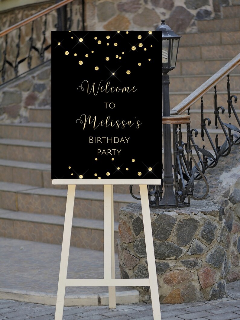 Editable Black and Gold Birthday Welcome Sign Glam Diamond - Etsy
