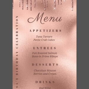 Editable Rose Gold Menu Card Template, Rose Gold Glitter Drip Menu Card ...